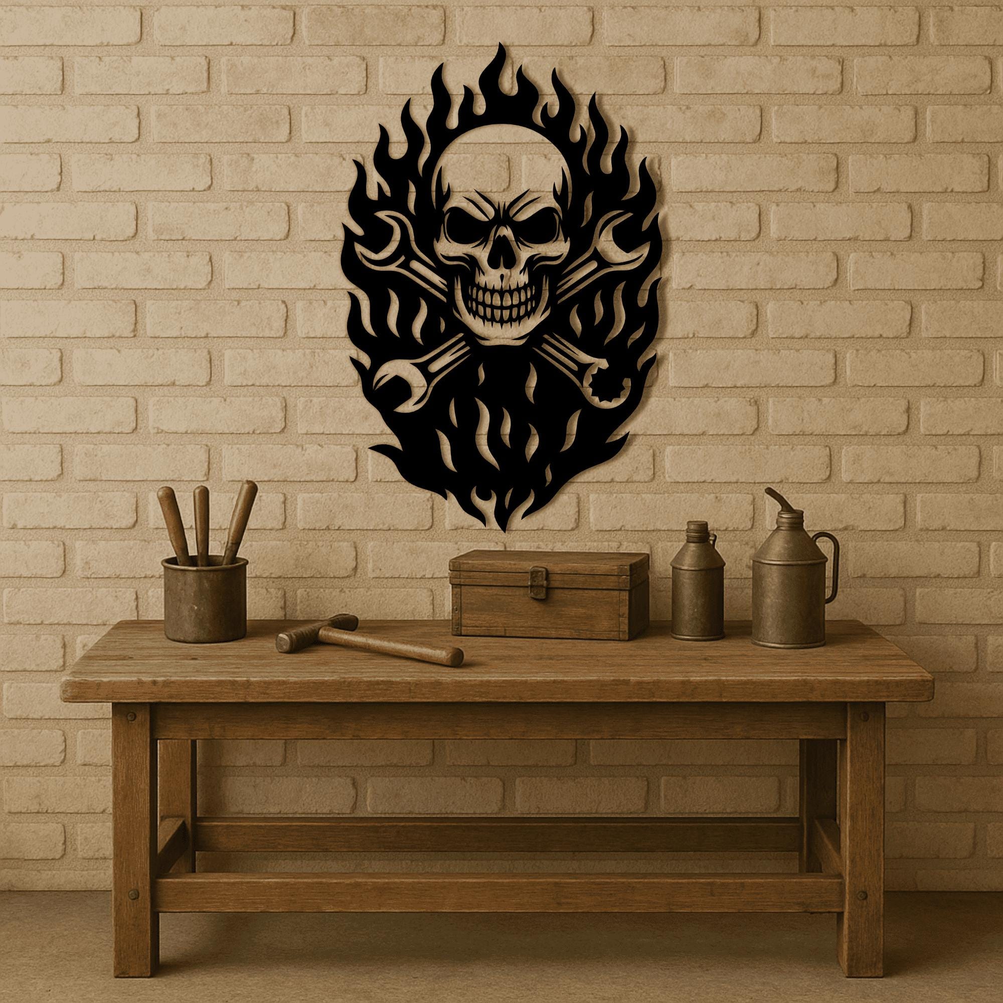 Skull Mechanic Svg Dxf Cutting Files – Flaming Skull With Wrenches ...