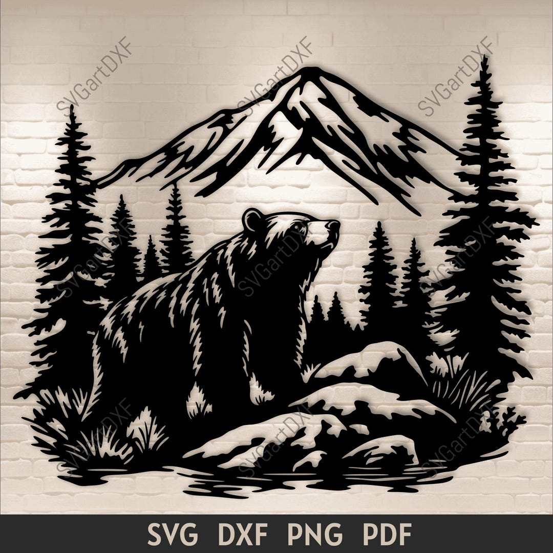 Bear Scene Dxf for CNC Laser Cut, Mountain Range Svg, Cutting Files for ...