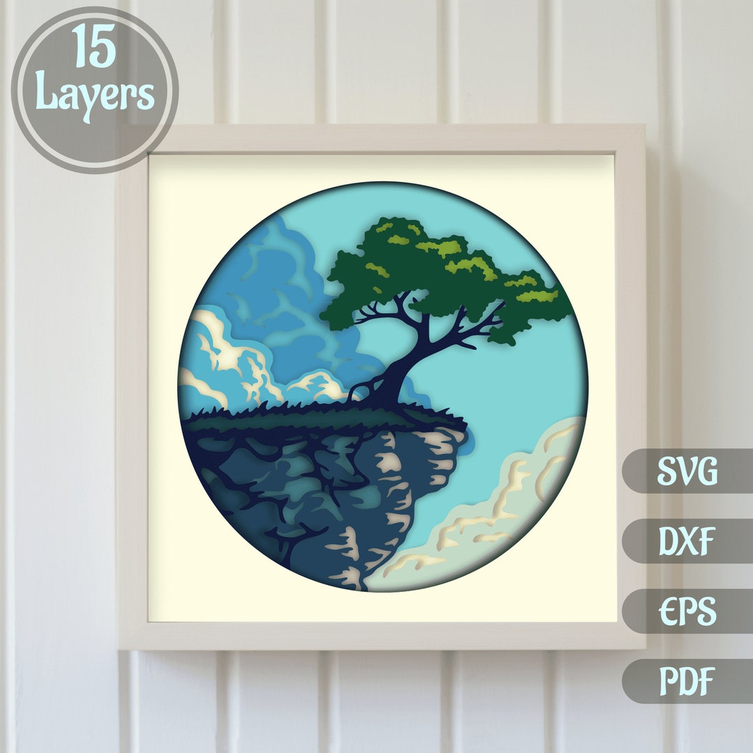 3d Shadow Box Svg, Lonely Tree on Cliff Svg for Cricut, 3d Tree Layered ...