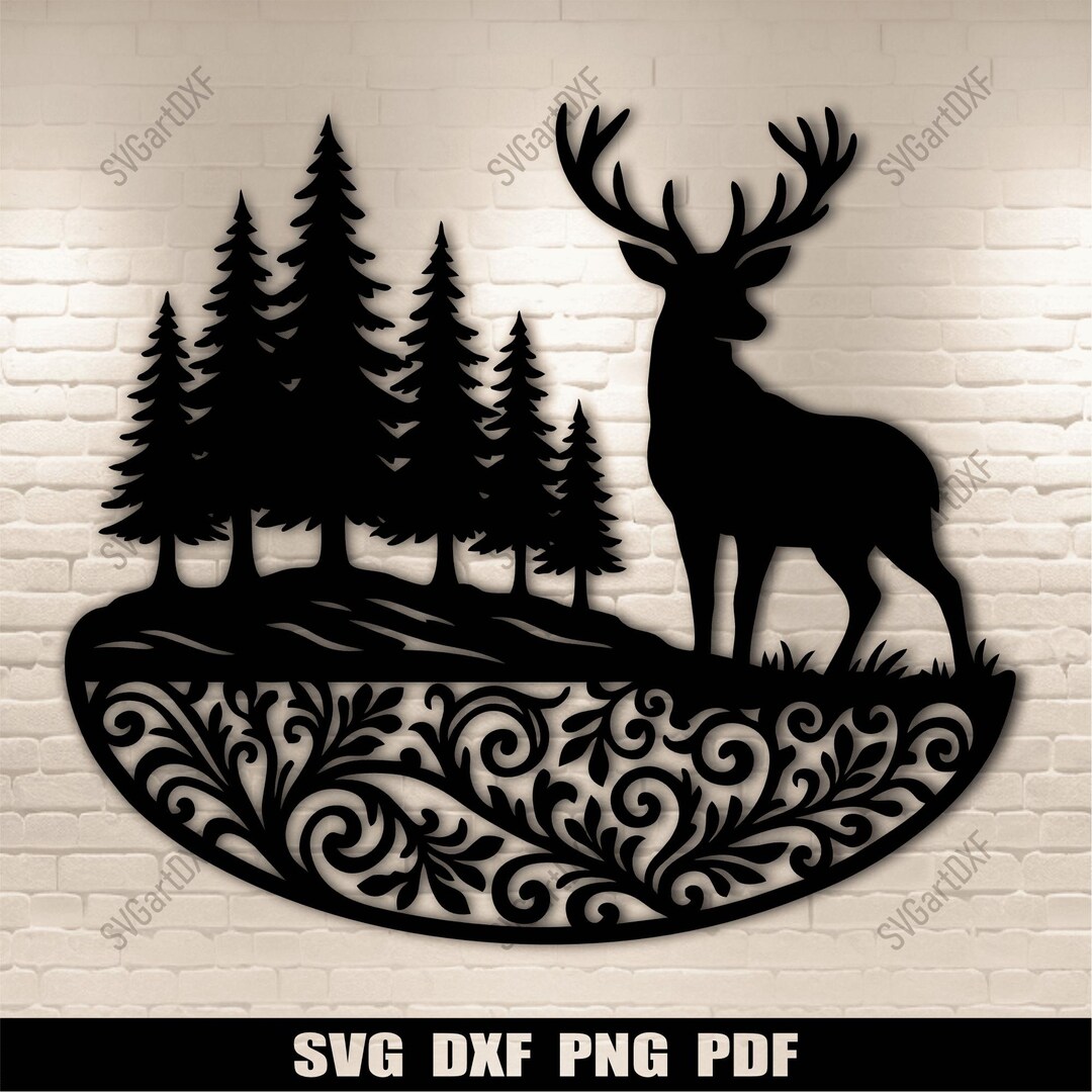 Deer in Forest DXF File | Laser Cut Wildlife Scene With Floral Ornament ...