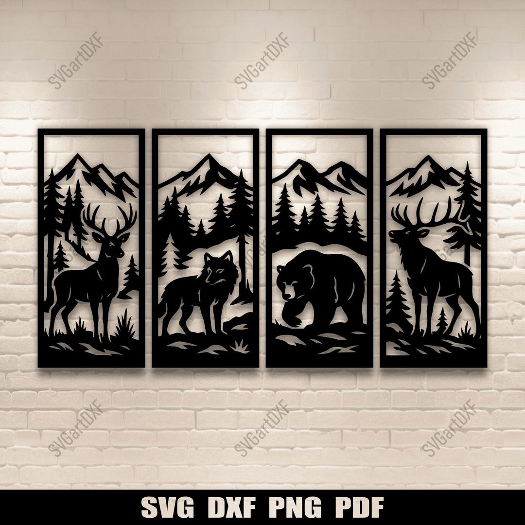 Forest Wildlife Mountain Panels SVG DXF – Deer Wolf Bear Cut Files for ...