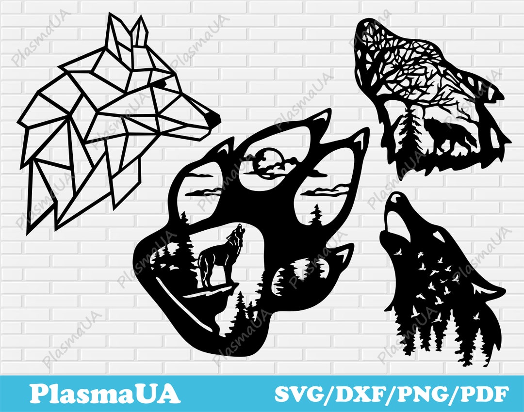 Wolves Dxf Cut Files, Geometric Wolf, Cnc Plasma Files, Wolf With Tree ...