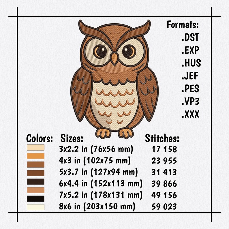 Owl Machine Embroidery Design, Dst Exp Hus Jef Pes Vp3 Digital Files ...
