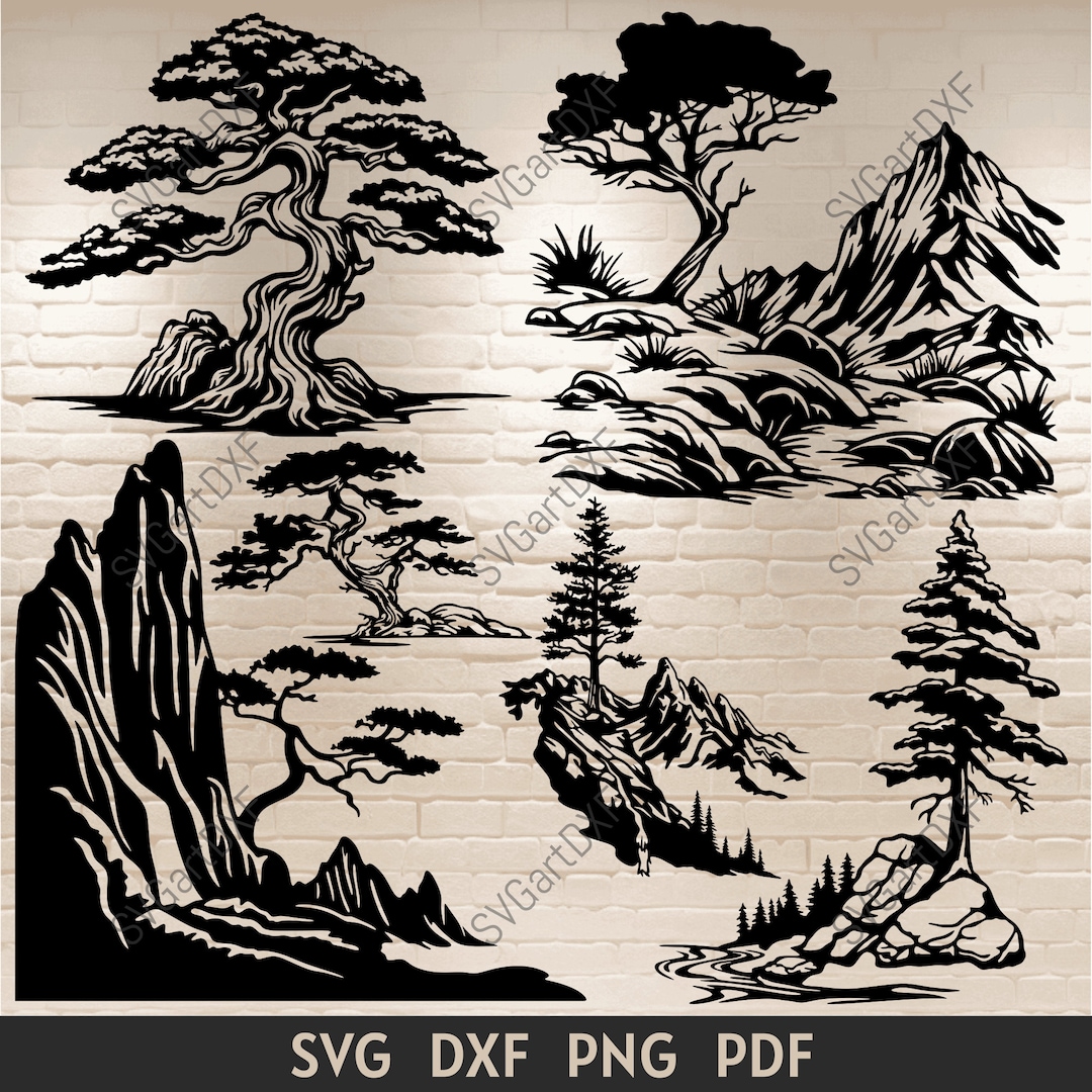 Tree Dxf for Laser Cut, Pine Tree Svg, Mountains Svg for Cricut, Rocks ...