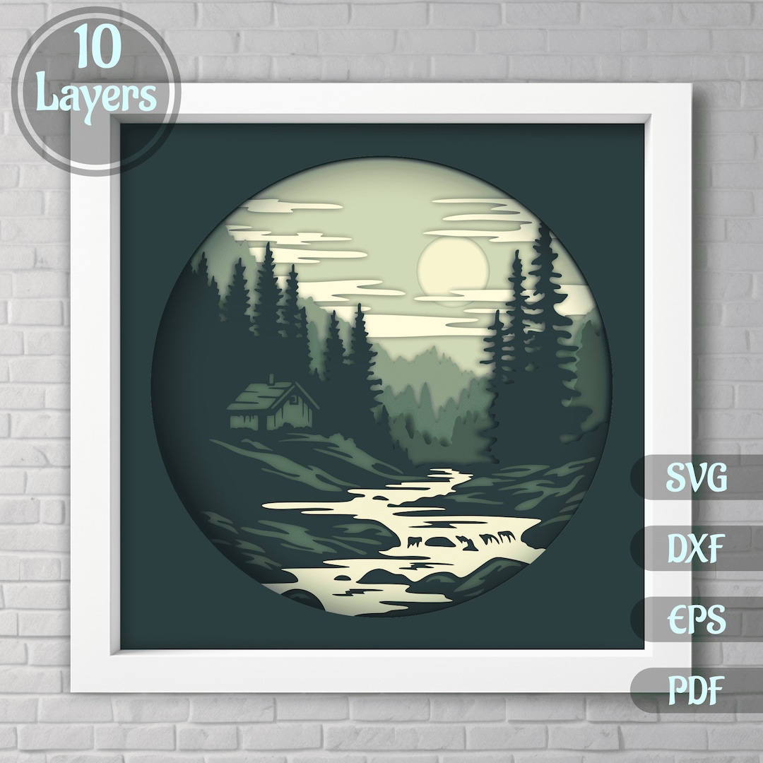 3D Cabin in Woods Layered Svg, 3D Shadow Box Template, Paper 3D Art ...