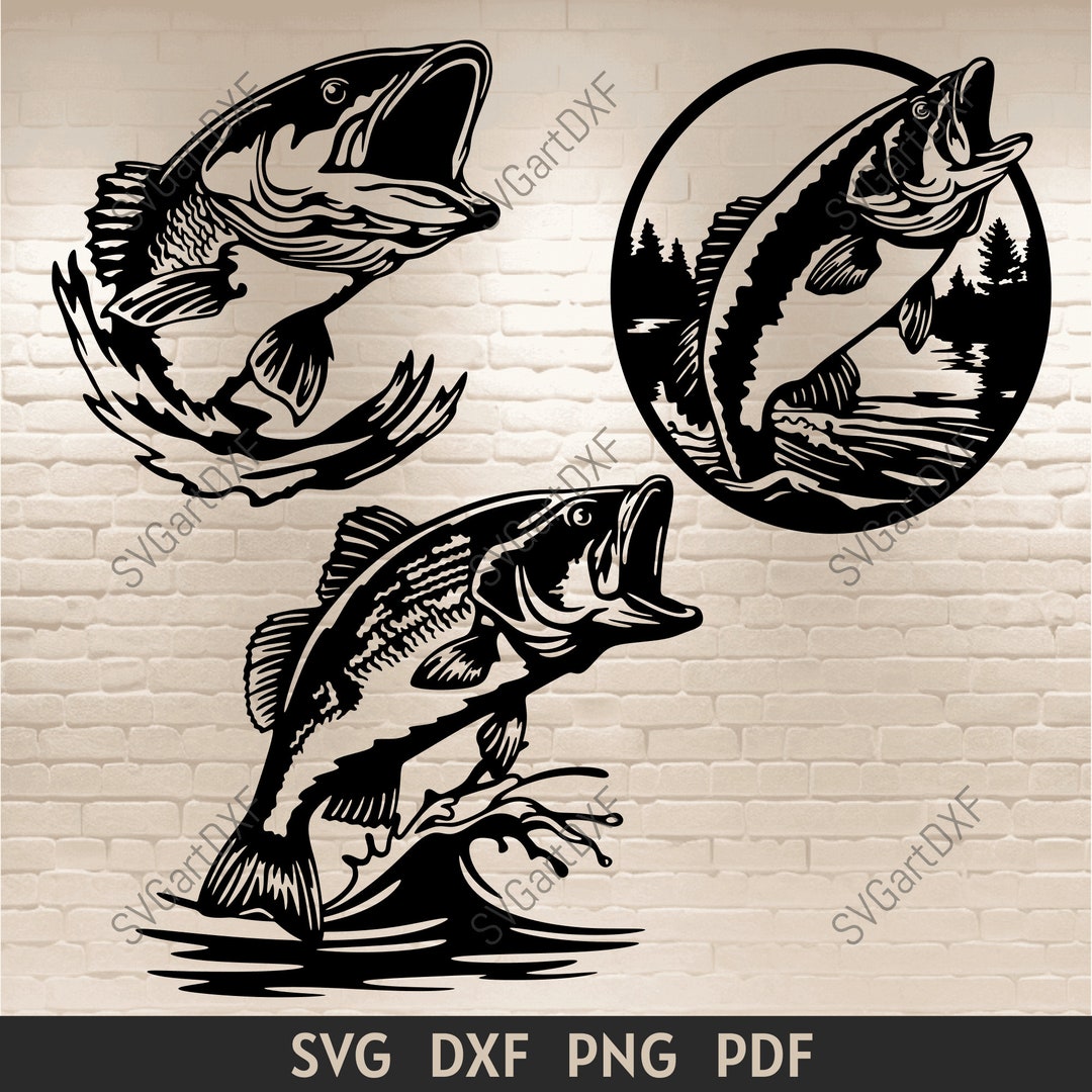 Bass Fish Scene Svg, Bass Fish Dxf for Laser Cut, Jumping Fish Svg ...