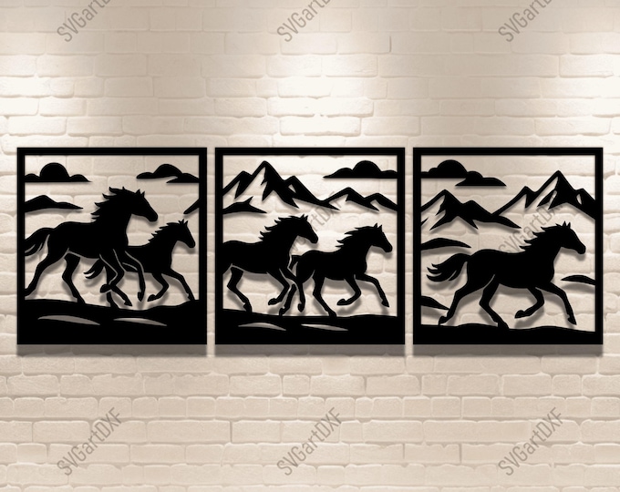 Laufende Pferde SVG-Bundle, Wildpferd Silhouette Dxf, Reiter Metallwand ...