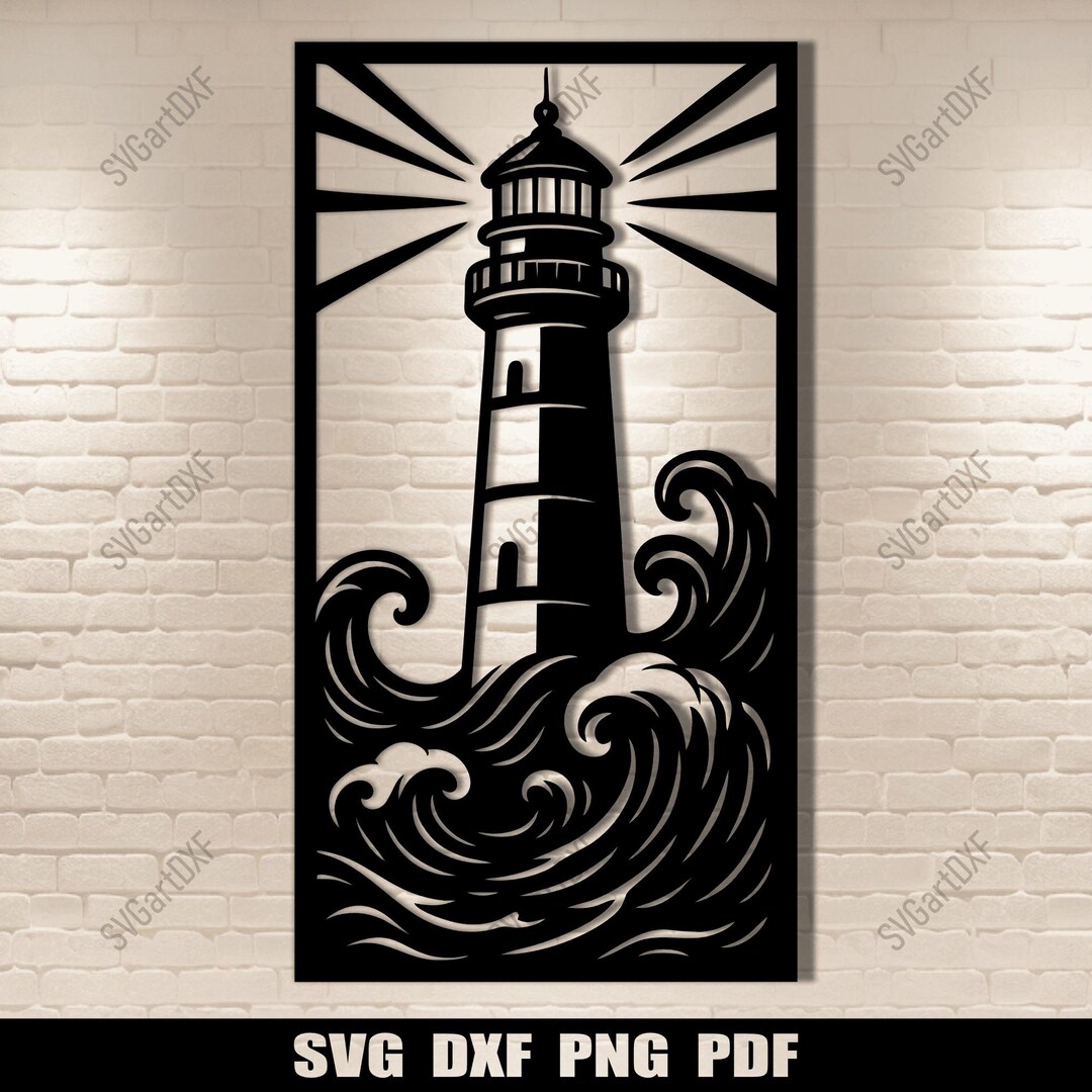 Lighthouse SVG DXF – Ocean Waves Lighthouse Panel Cut File for Laser ...