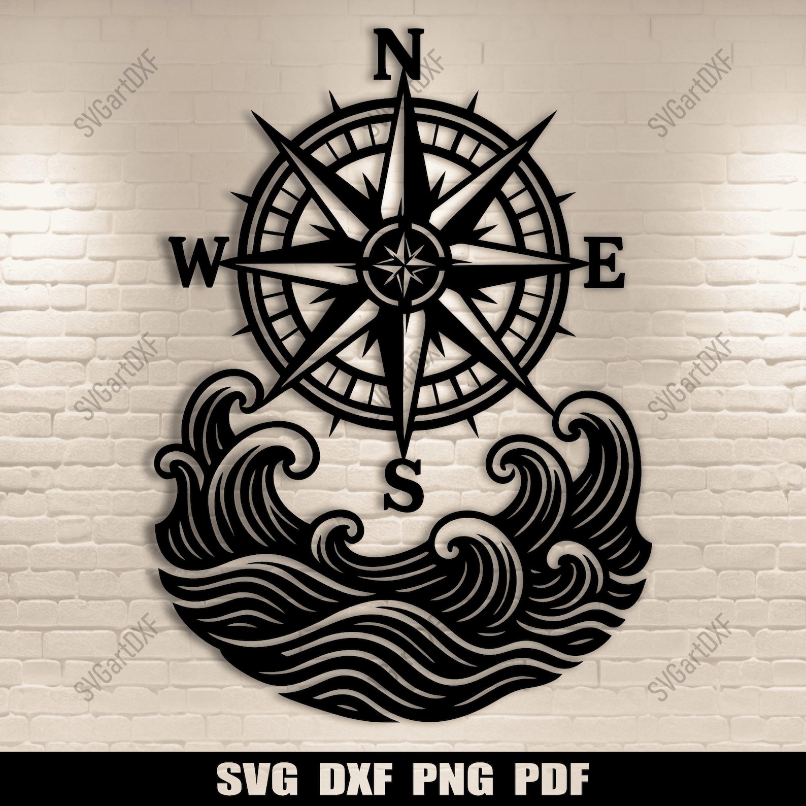 Compass Rose SVG DXF – Nautical Compass With Waves Cut File for Laser ...