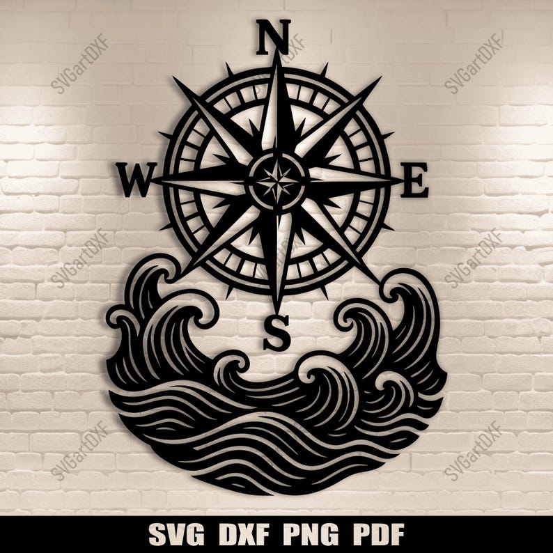 Compass Rose SVG DXF – Nautical Compass With Waves Cut File for Laser ...