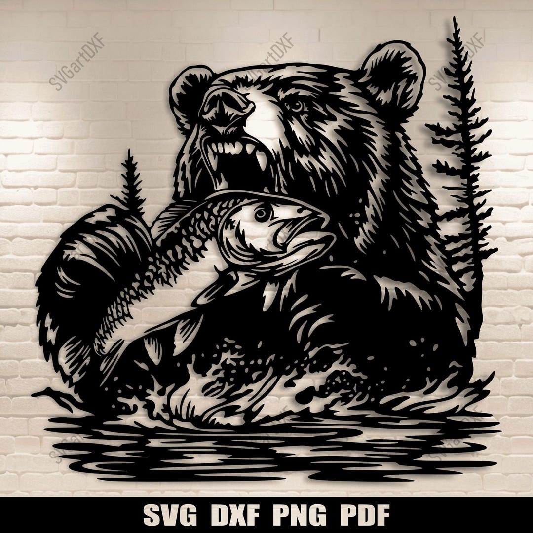 Bear With Fish Dxf for CNC, Bear Fishing Dxf, Wildlife Svg for Cricut ...