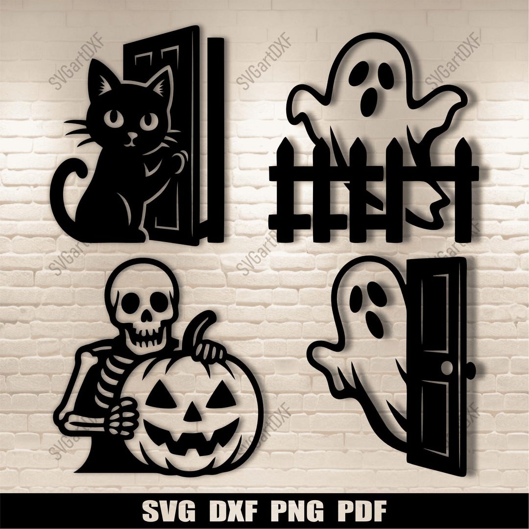 Halloween Scenes Svg Dxf – Black Cat, Peeking Ghost and Skeleton ...
