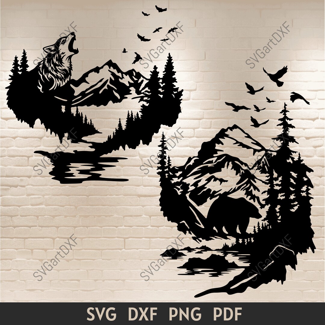 Animals Scene Dxf for Laser, Wolf With Birds Svg, Bear Svg Cut Files ...