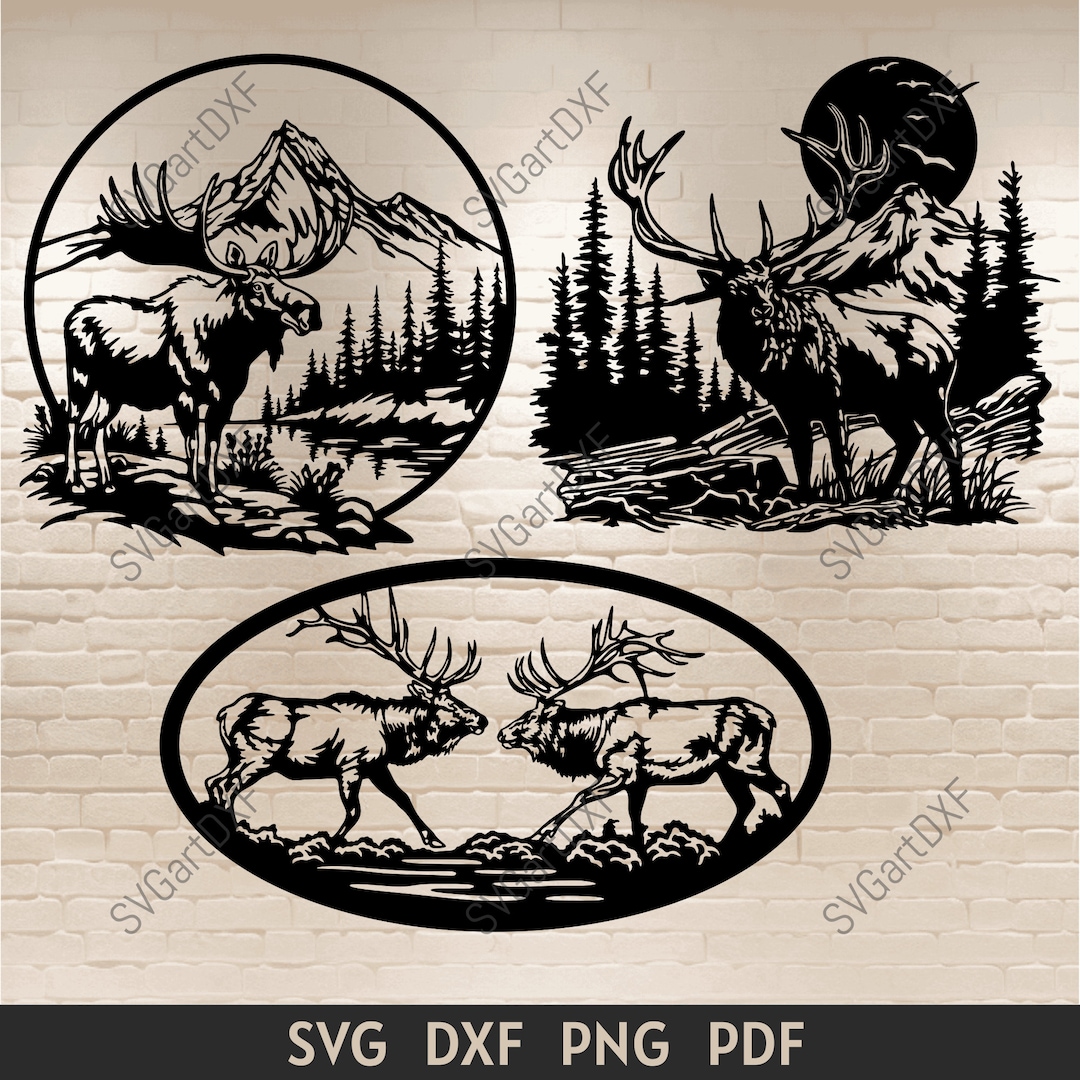 Deer Scene Dxf for Laser Cut, Moose Scene Dxf Files, Svg Files for Cricut, Dxf Svg Oval Nature ...