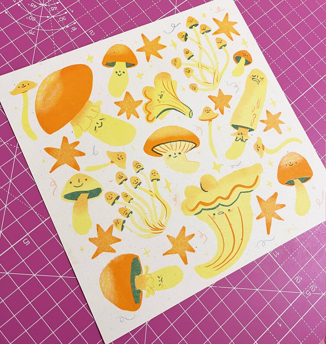 Mushroom Riso Art Print, Cute Illustration, Bright & Colourful Illustration, Aesthetic, Fungi ...