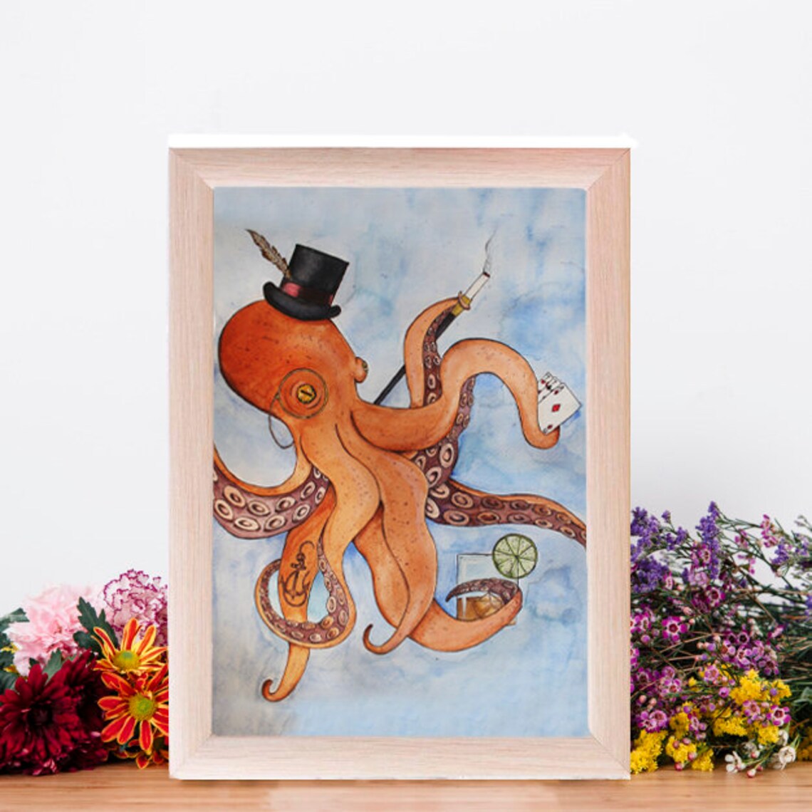 Octopus With Monocle, Top Hat, Playing Cards and Cocktail Watercolour ...