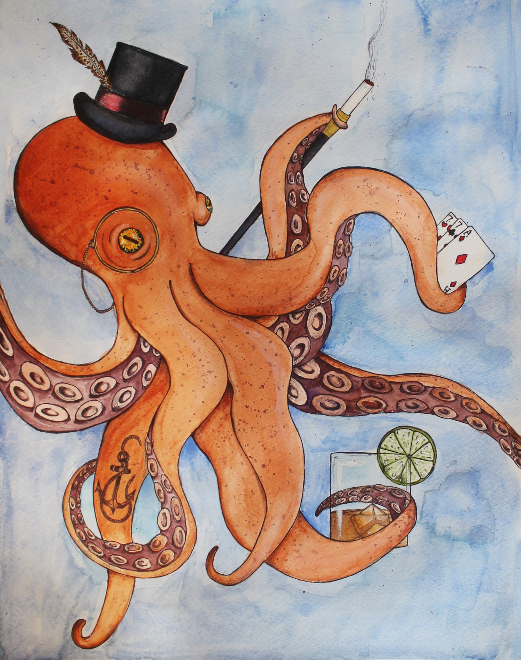 Octopus With Monocle, Top Hat, Playing Cards and Cocktail Watercolour ...