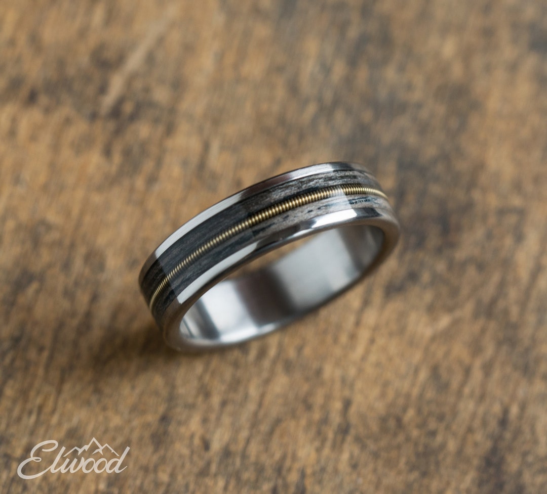 Titanium Guitar String Ring: Gray Oak Inlay, Rock & Roll Wedding Band ...