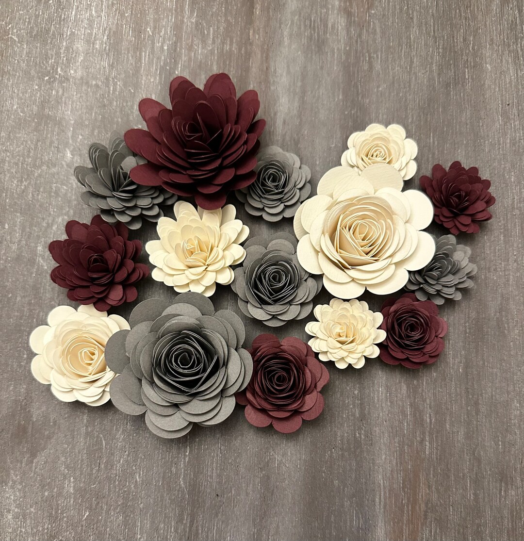Burgundy Gray and White - Rolled Paper Flower Assortment - Pack of 15 ...