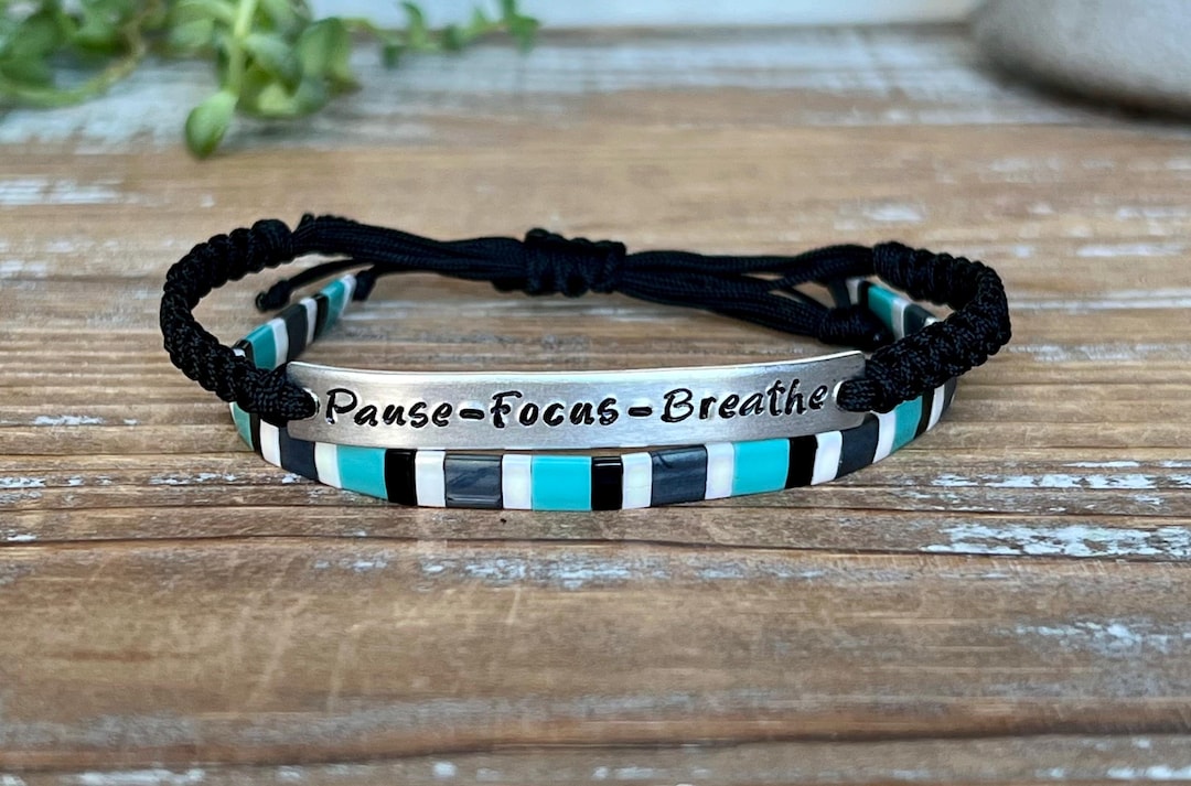 Pause-focus-breathe | Hand Stamped Bracelet Set | Adjustable Bracelet ...
