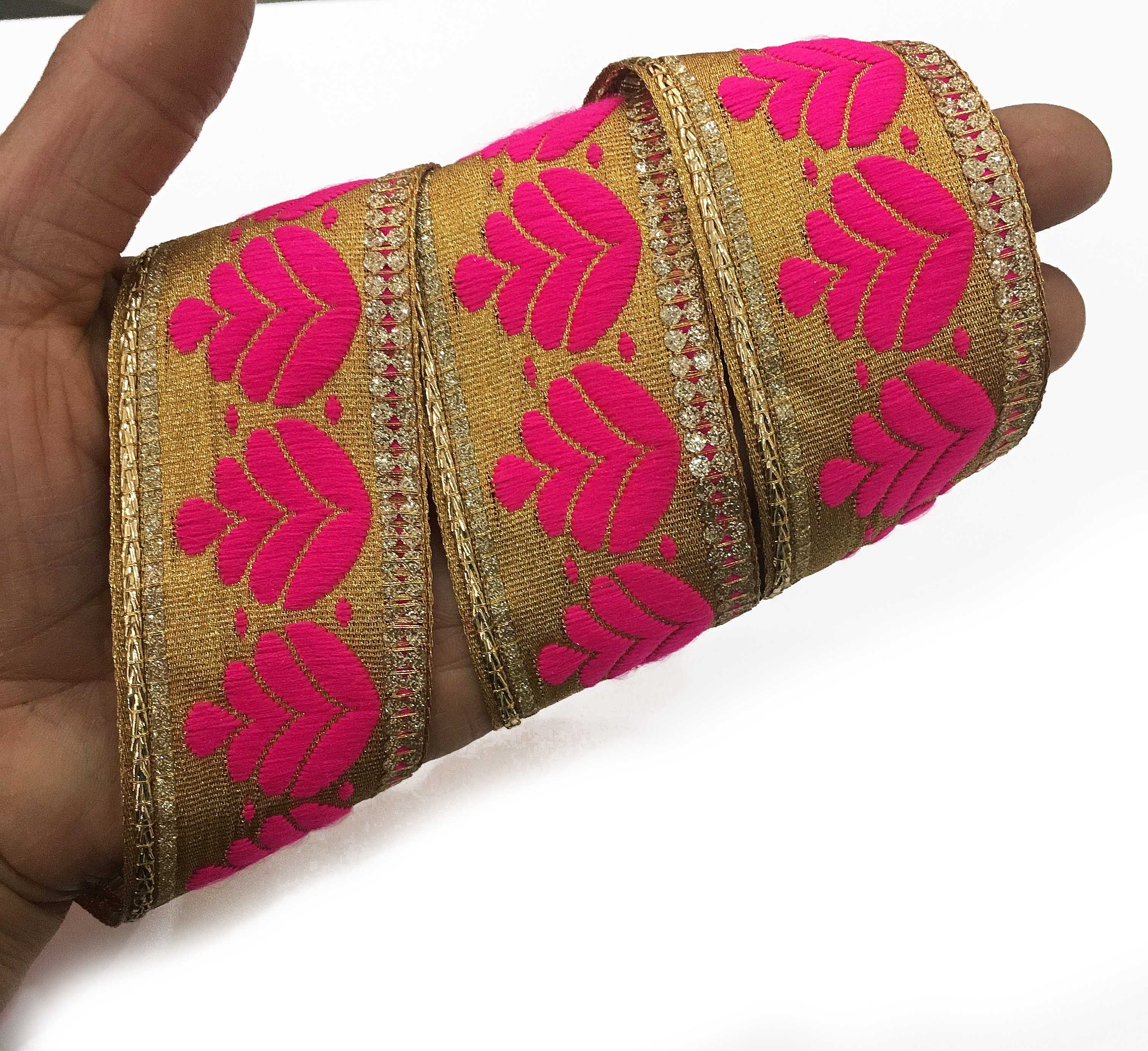 Pink Embroidered Work Trim, Indian Art, Fabric Lace Border, Decorative ...