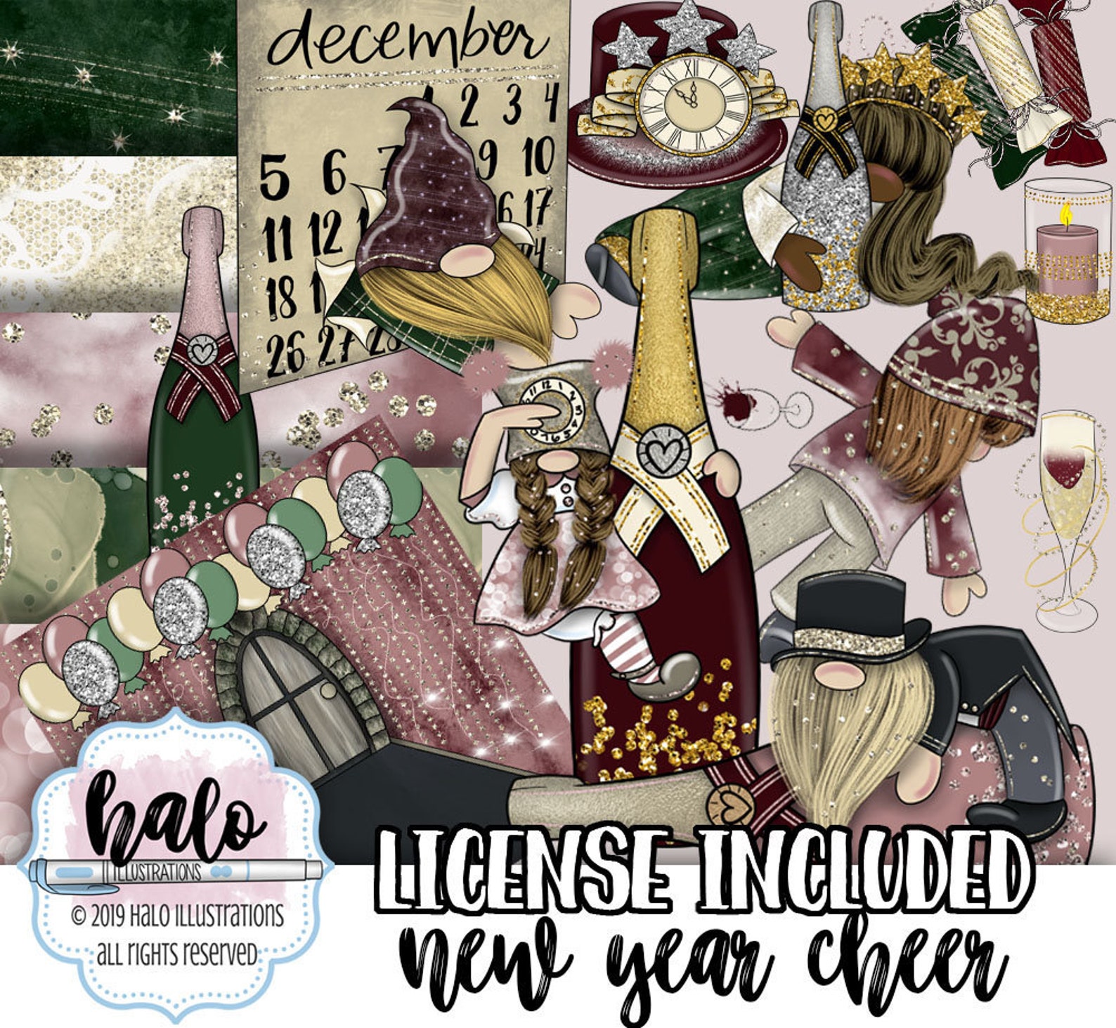 New Years Eve Clipart Hand Drawn Drunken Gnomes Planner Art Celebration ...