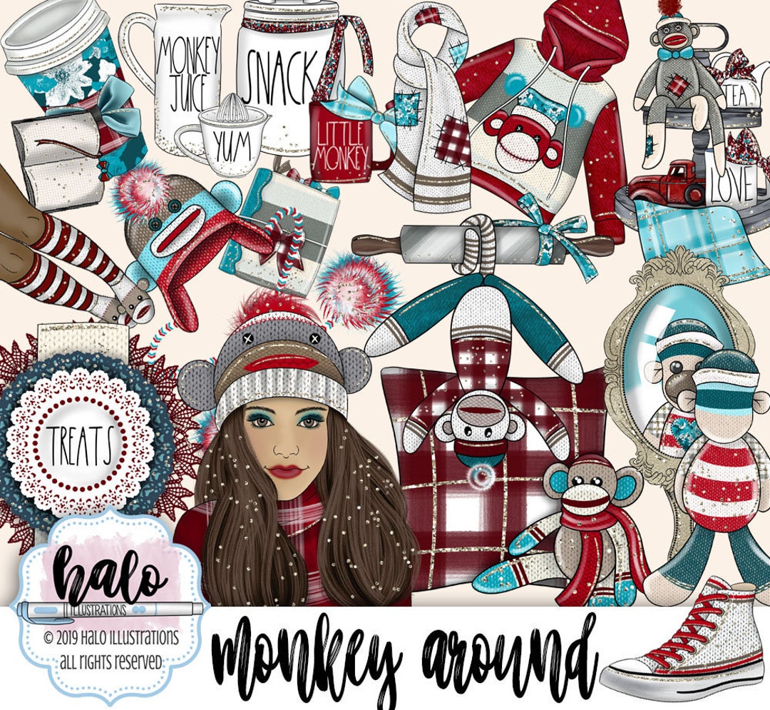 Winter Clip Art Sock Monkey Planner Clipart Farmhouse Hand Drawn ...