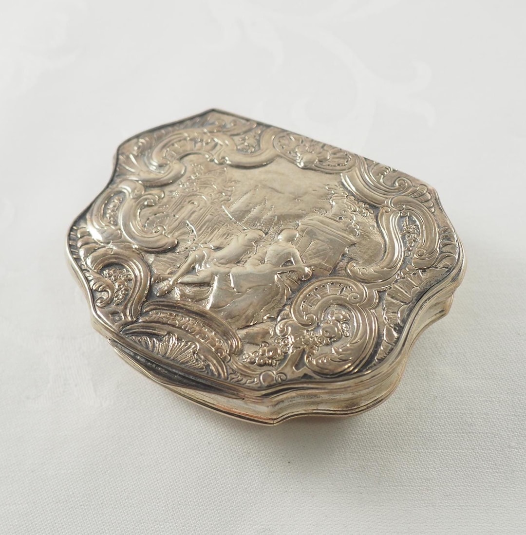 Antique Solid Silver Rococo Snuff Box, Cartouche Form, Chased Couple in ...