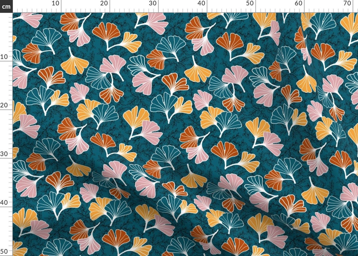 Ginkgo Leaves Abstract Fabric Ginkgos on Ocean With Black | Etsy