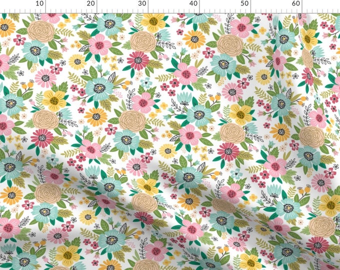 Spring Fabric Summer Flowers Floral Pink Mint Yellow on White by Caja ...