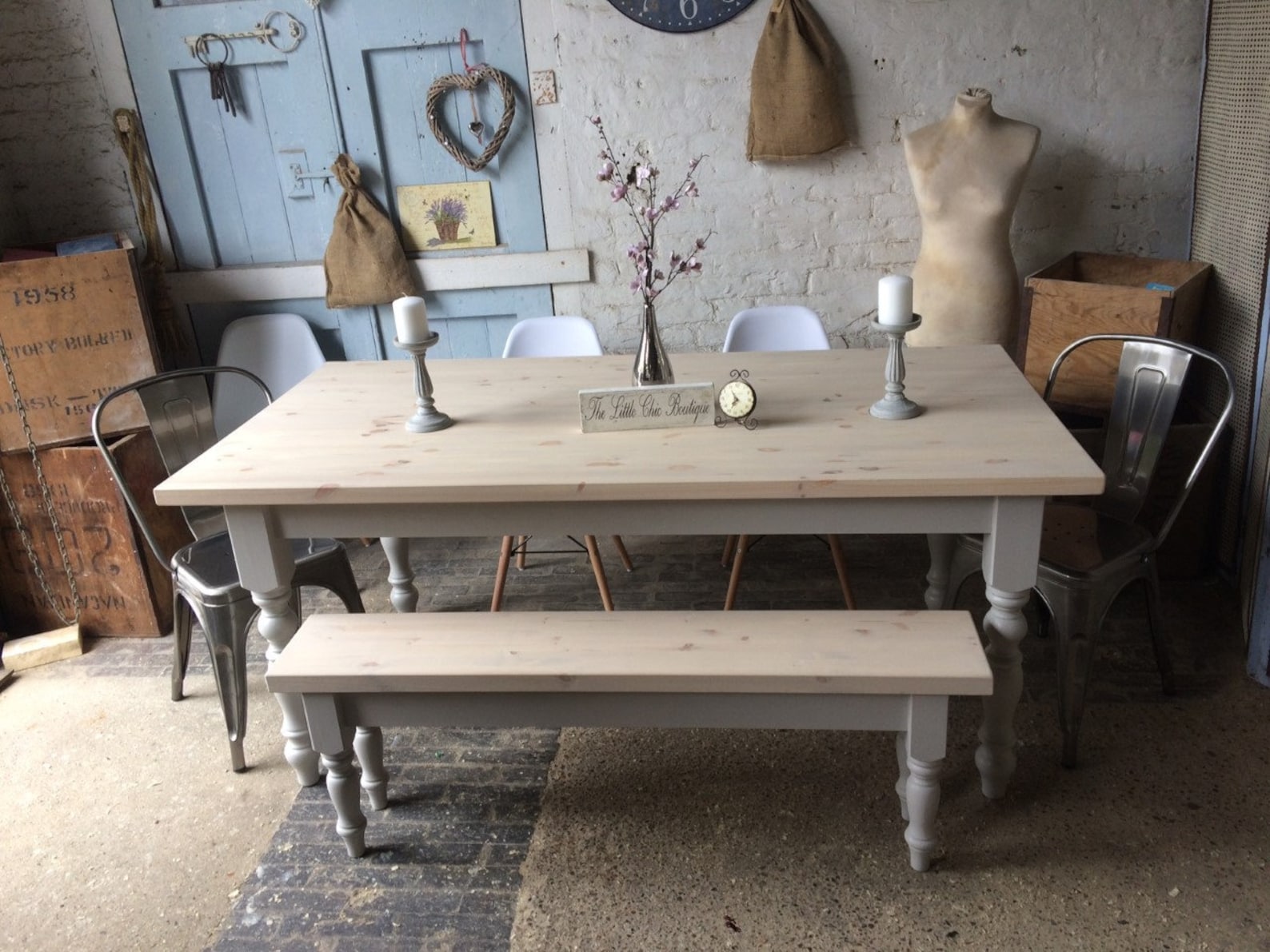 5ft Set Dining: Farmhouse Dining Table and Bench and 4 Eiffel - Etsy UK