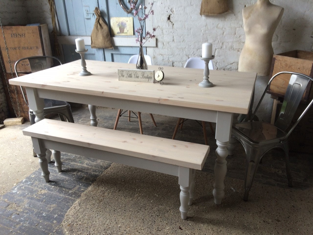 5ft Set Dining: Farmhouse Dining Table and Bench and 4 Eiffel Style ...
