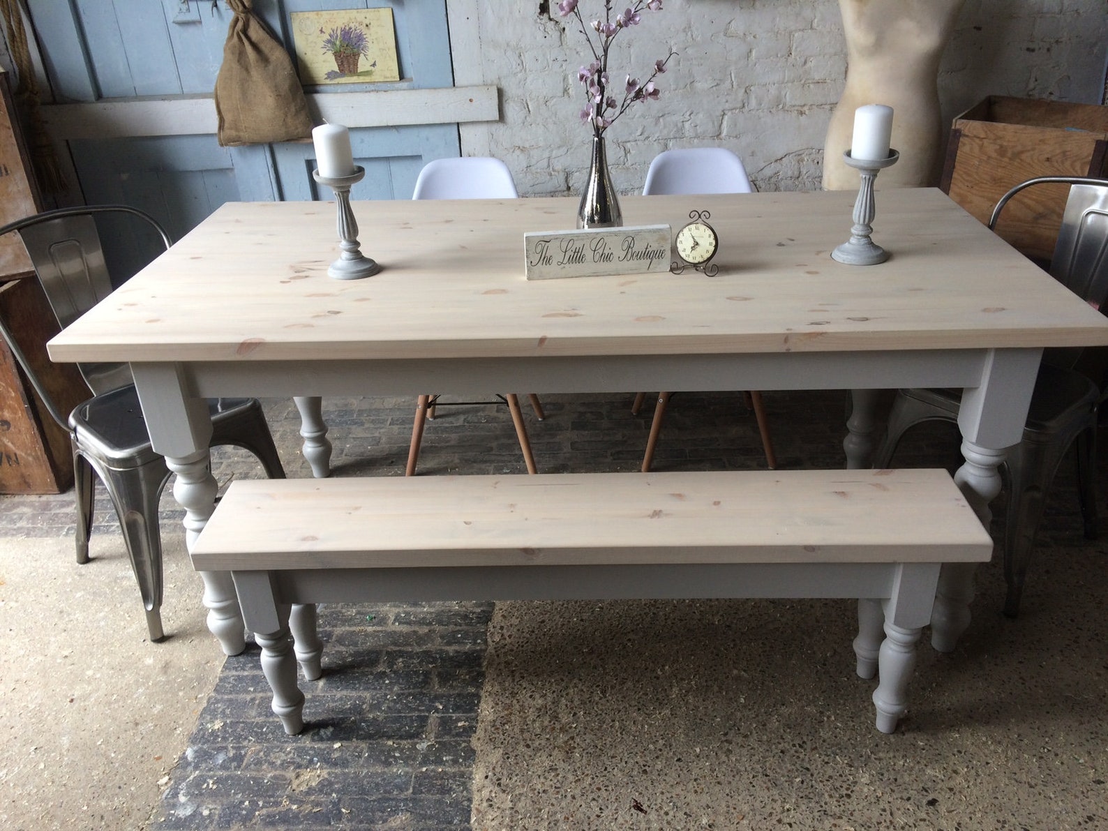 5ft Set Dining: Farmhouse Dining Table and Bench and 4 Eiffel Style ...