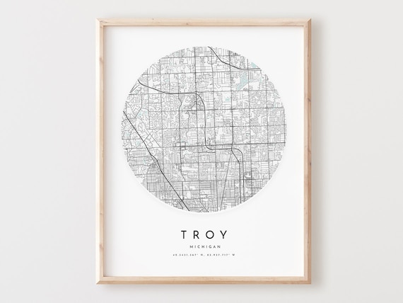 Troy Map Print Troy Map Poster City Wall Art Mi Road Map | Etsy