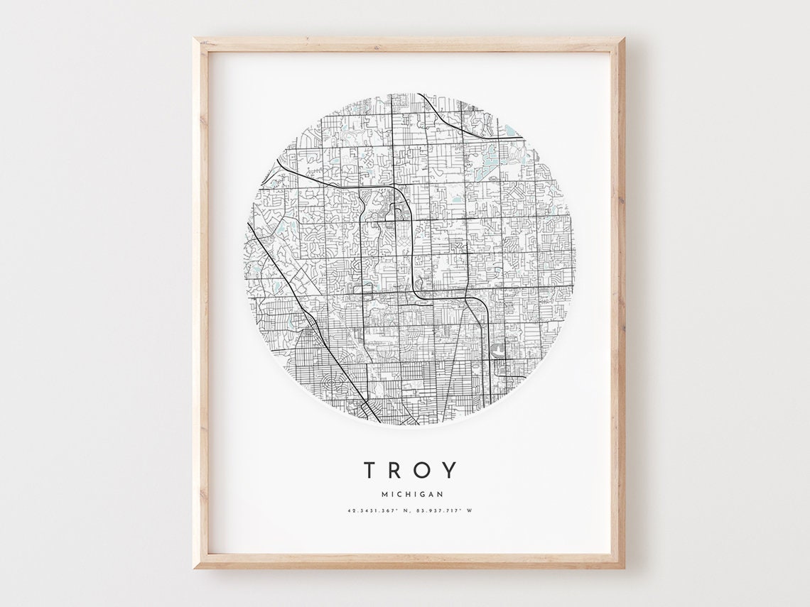 Troy Map Print Troy Map Poster City Wall Art Mi Road Map - Etsy