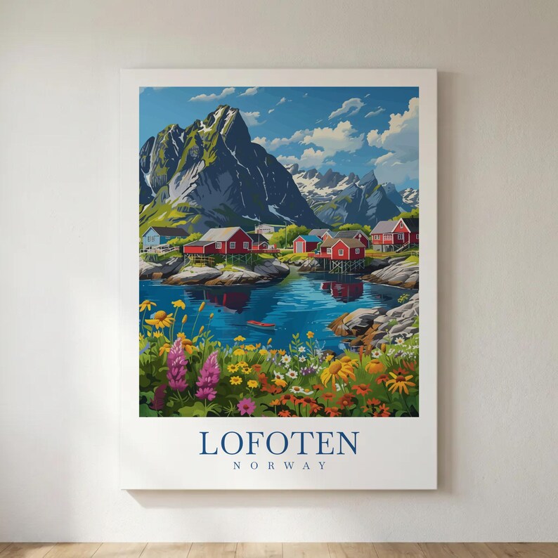 Pôster de parede com ilustração de viagem para Lofoten, Noruega, estilo ...