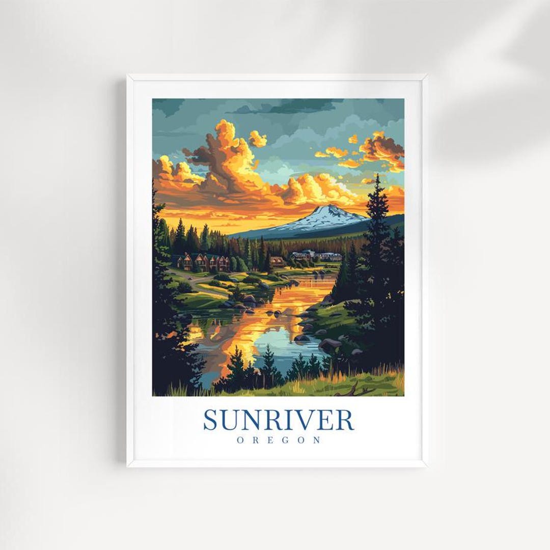 Sunriver Oregon Travel Poster: Mountain River Art Print - Etsy