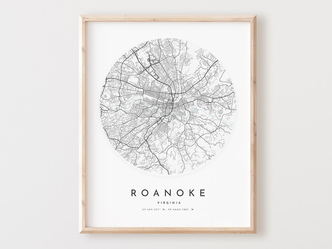 Roanoke Map Print Roanoke Map Poster City Wall Art Va Road | Etsy