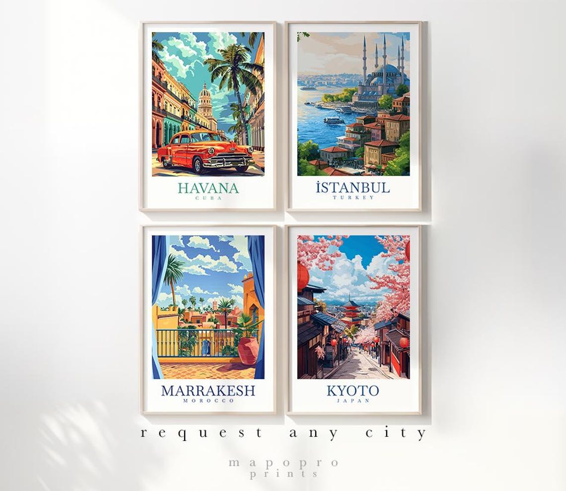 Custom Cityscape Prints Set of 4: Personalized Travel Poster Art - Etsy