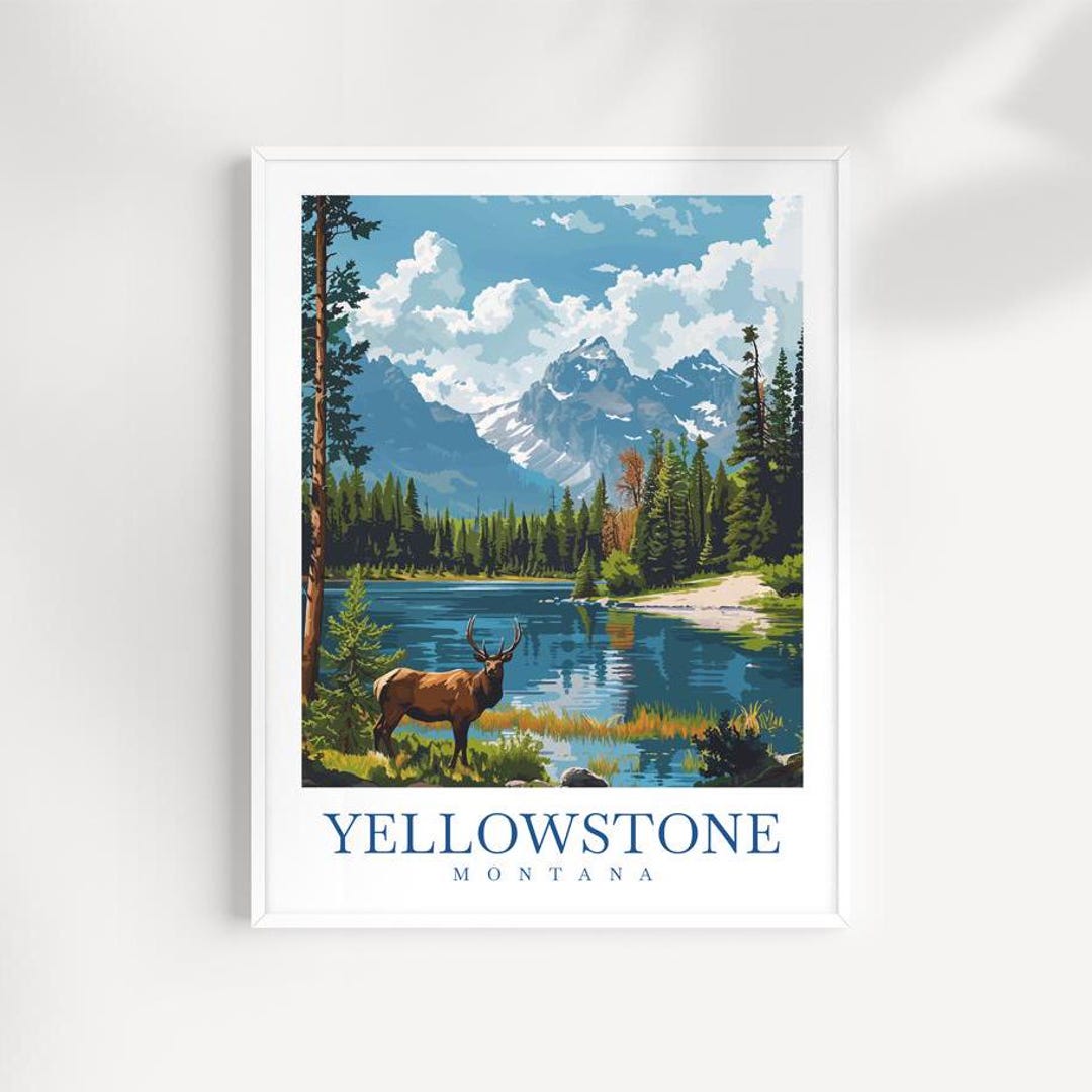 Yellowstone Montana Art Print: Deer & Mountain Landscape - Etsy