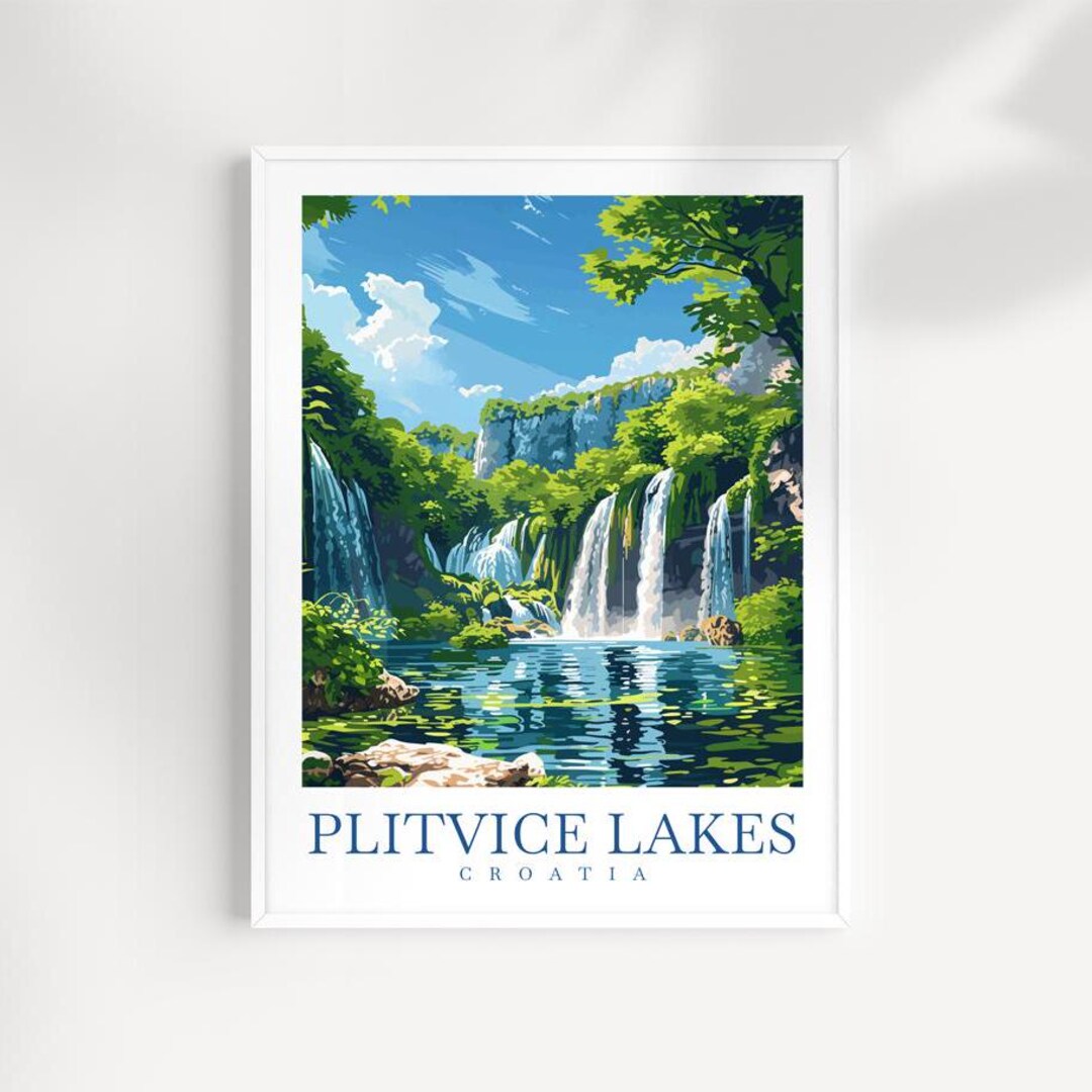 Plitvice Lakes Croatia Travel Print Wall Art - Illustrated Waterfall ...