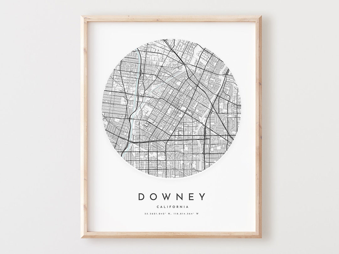 Downey Map Print Downey Map Poster City Wall Art Ca Road - Etsy