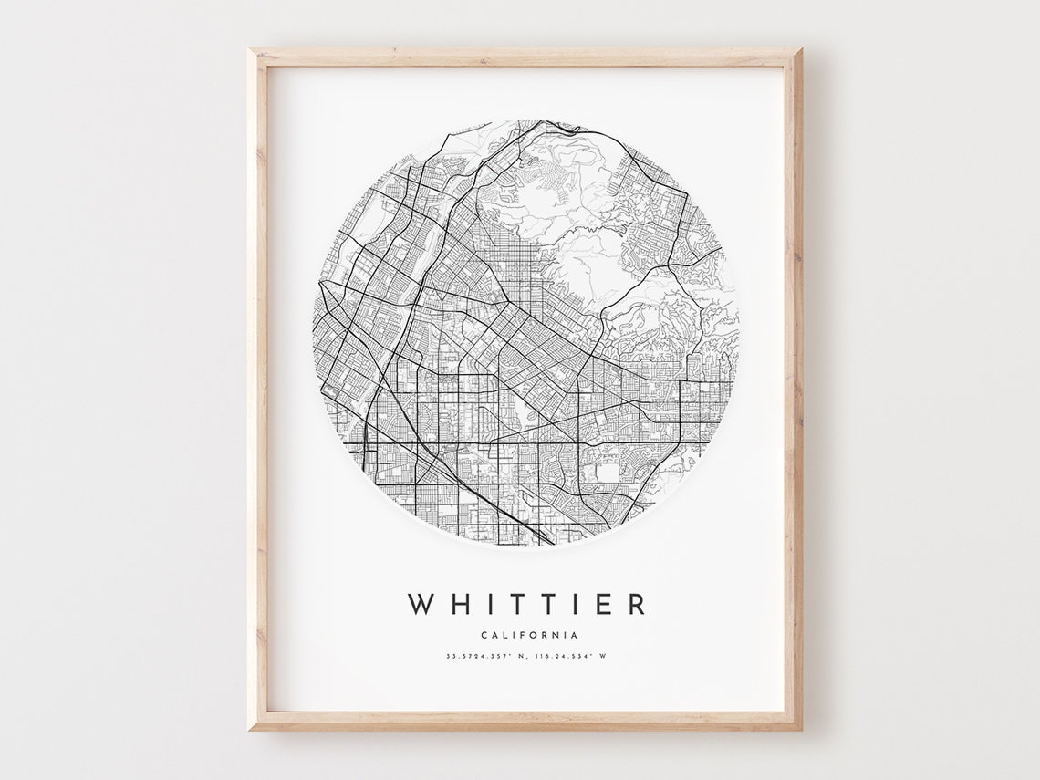 Whittier Map Print Whittier Map Poster City Wall Art Ca Road - Etsy