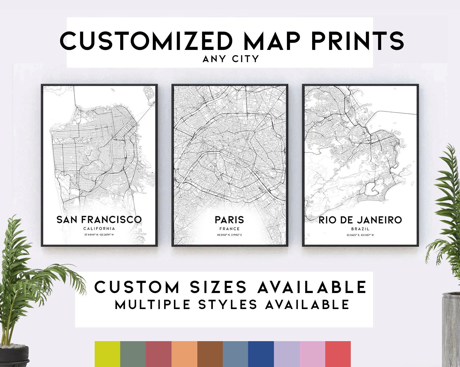 Set of 3 Custom Maps, City Map Prints, Custom Any Location, Custom Map ...
