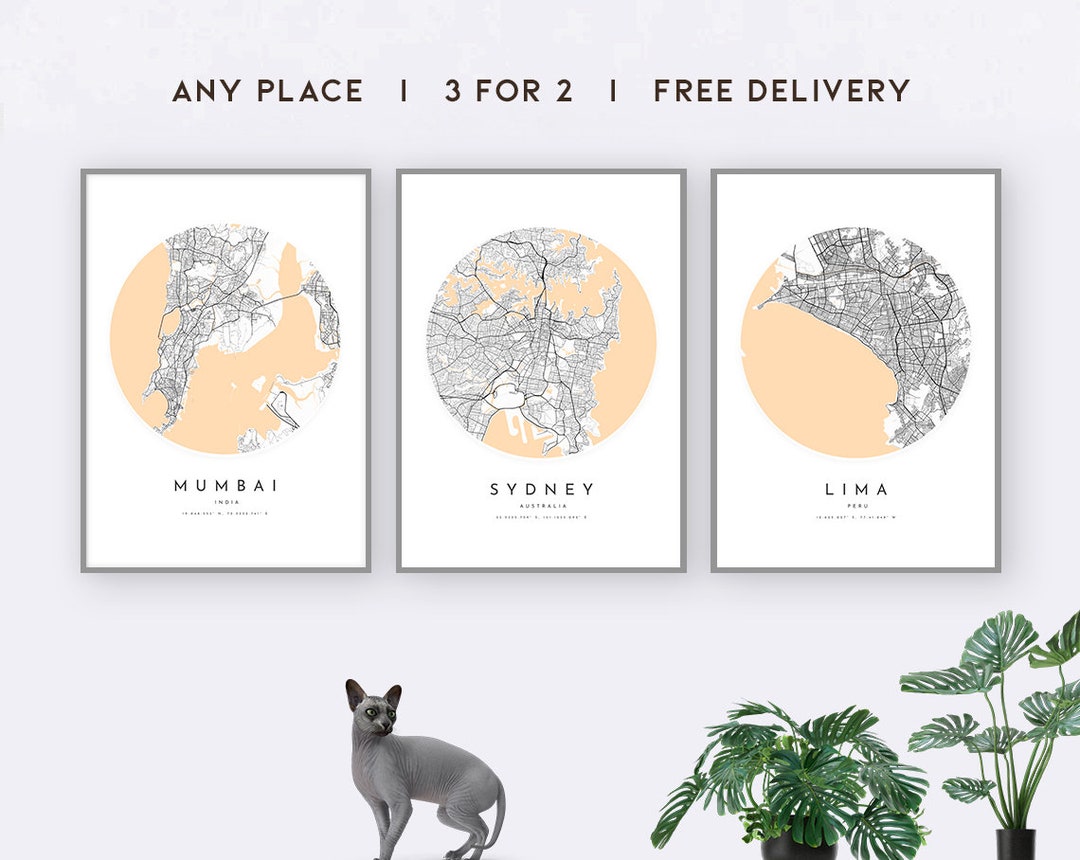 Any Location Map Print Posters, Custom Map Prints, Set of 3, 3 for 2 ...