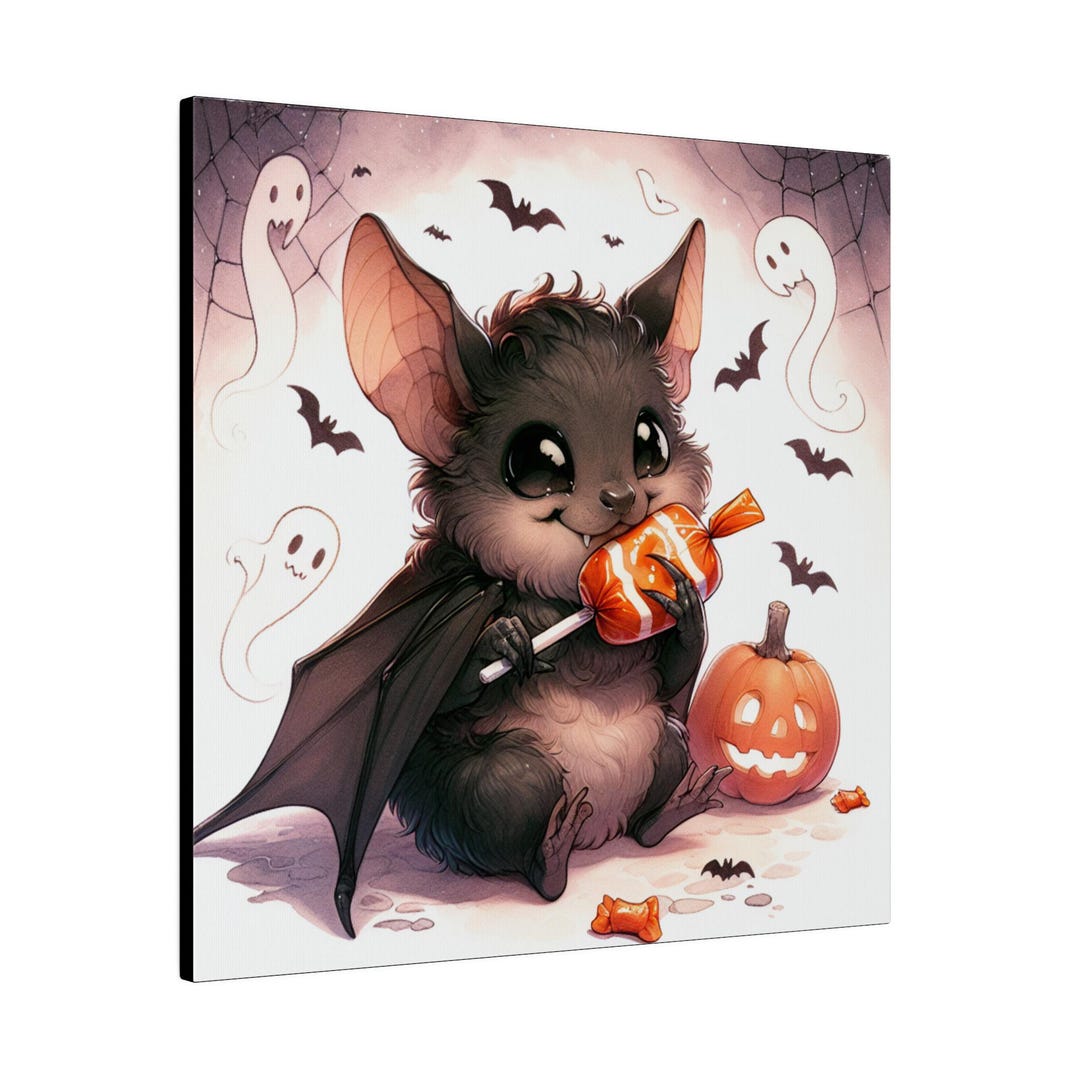Adorable Cute Spooky Bat Munching Halloween Candy style 2 Matte Canvas ...