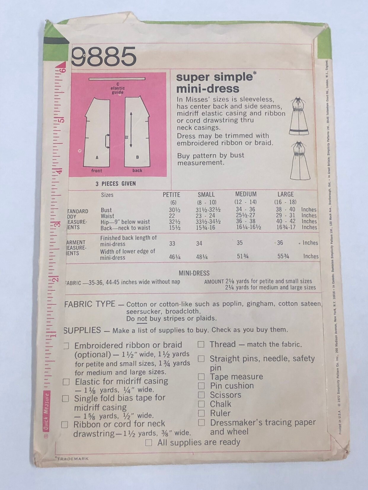 Simplicity 9885 CUT & COMPLETE C.1972 Super Simple Mini Dress - Etsy