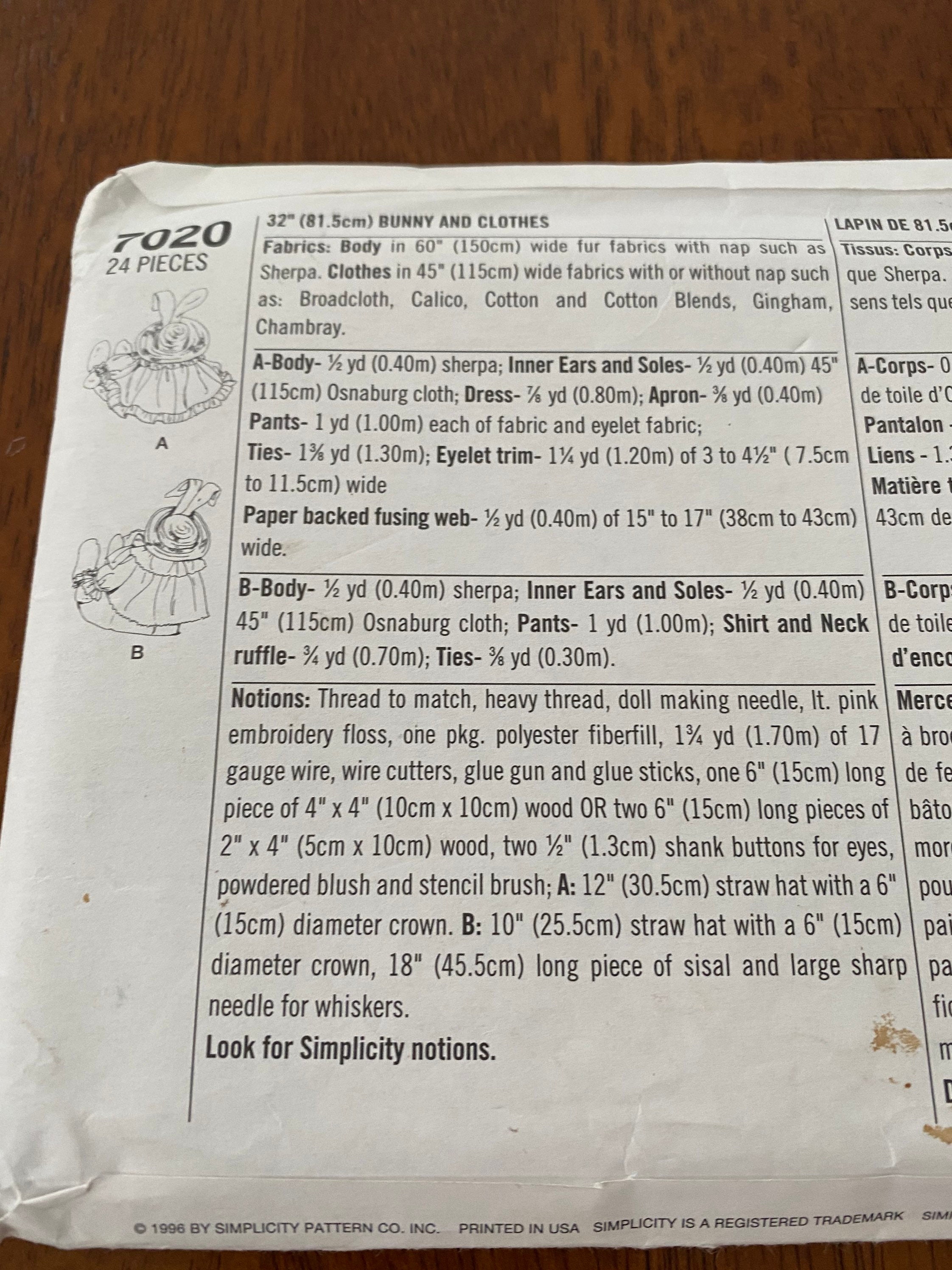 Simplicity 7020 Bunny and Clothes 32 Easter Rabbit - Etsy UK