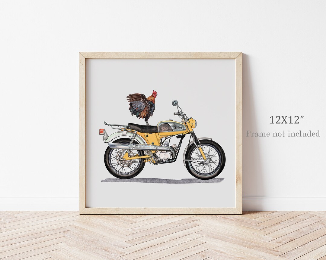 Rooster on Yamaha - 12x12" Print, Motorcycle Art, Vintage Motorcycle ...