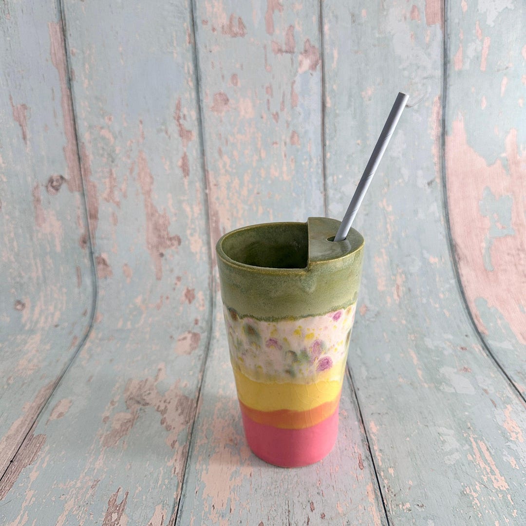 Pink and Yellow and Green Straw Holder Tumbler, Large Ceramic Cup - Etsy